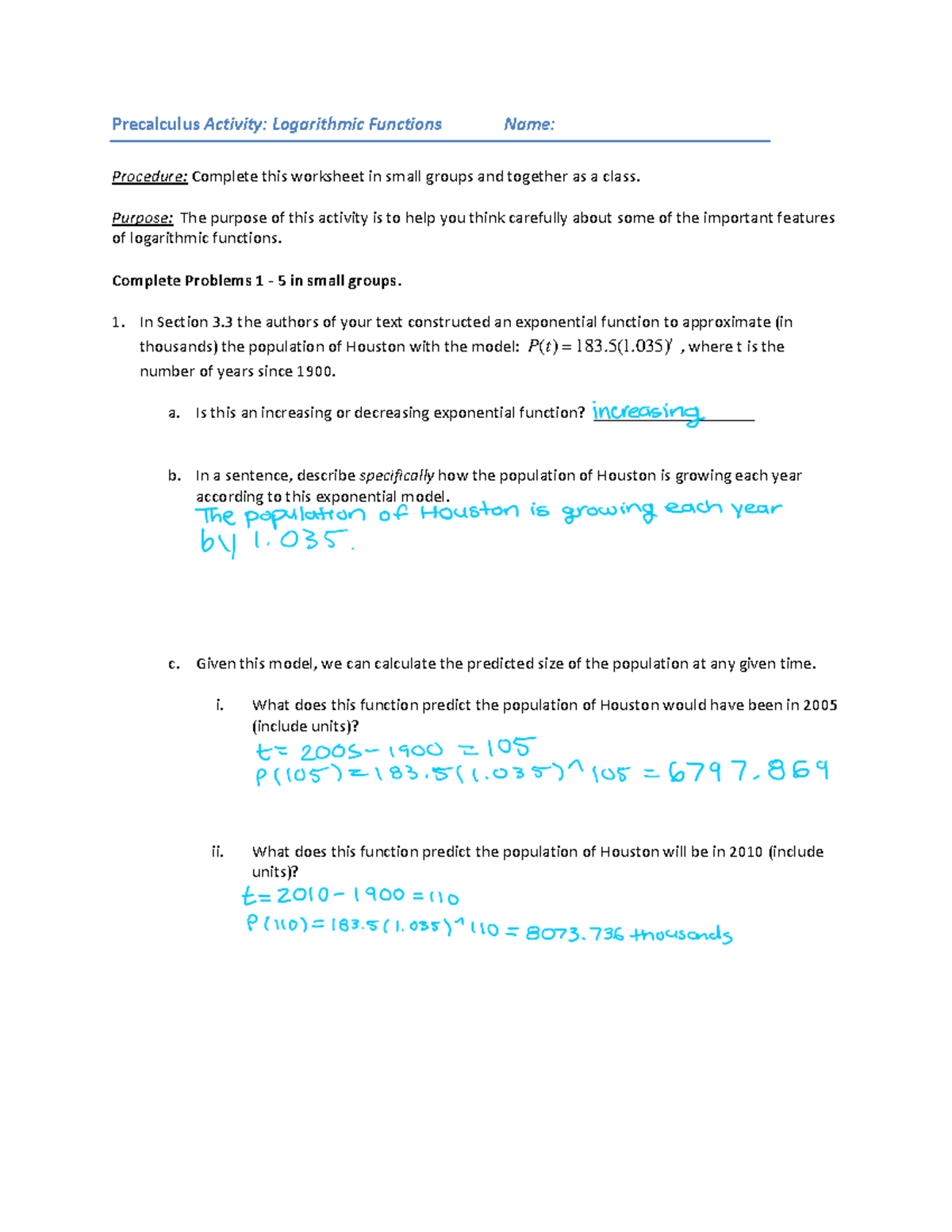 Algebra Ga 4 Logarithmic Functions Precalculus Activity Logarithmic Functions Name Procedure