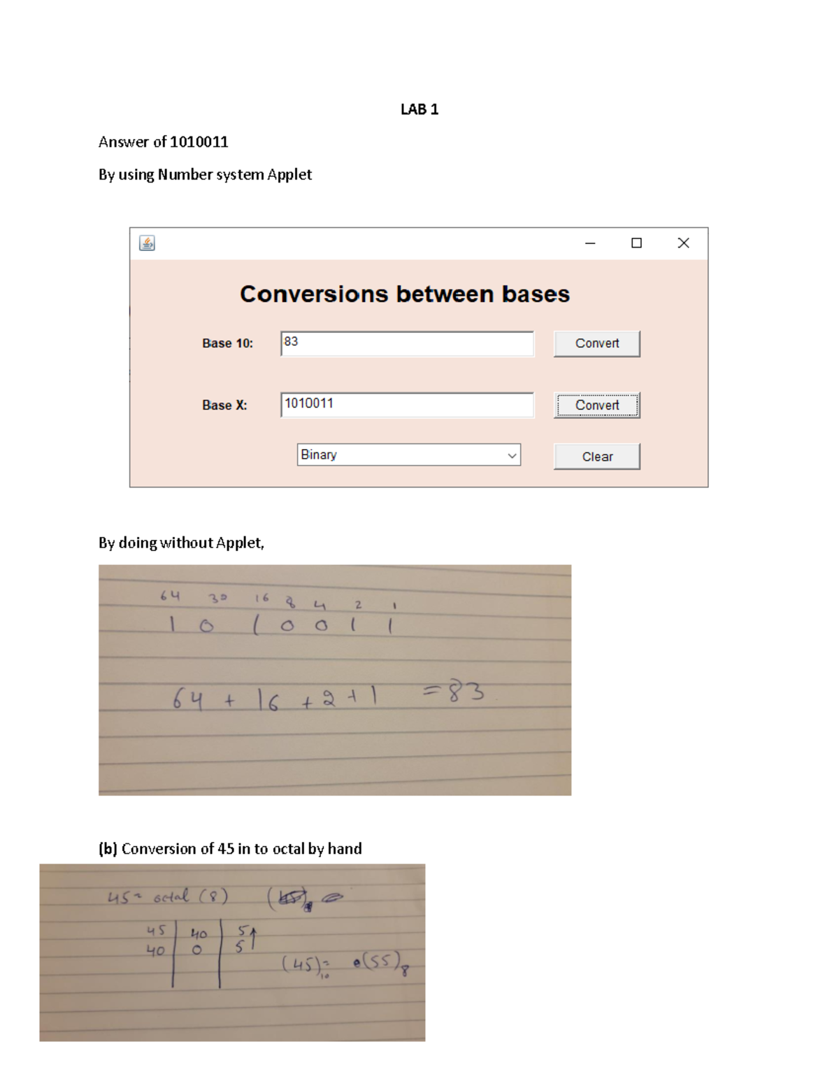 Bio 101 mitra panahi LAB - LAB 1 Answer of 1010011 By using Number system Applet By doing ...