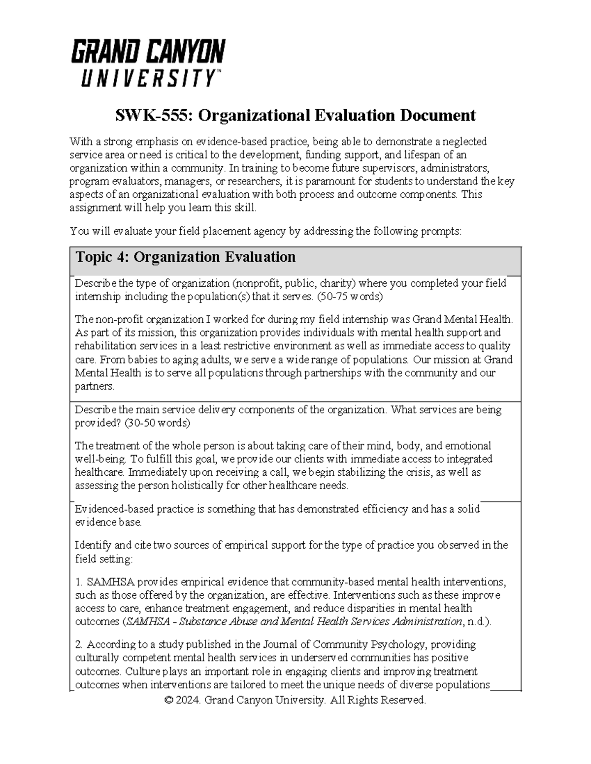 SWK 555 RS T4 Organizational Community Evaluation Document - SWK-555 ...