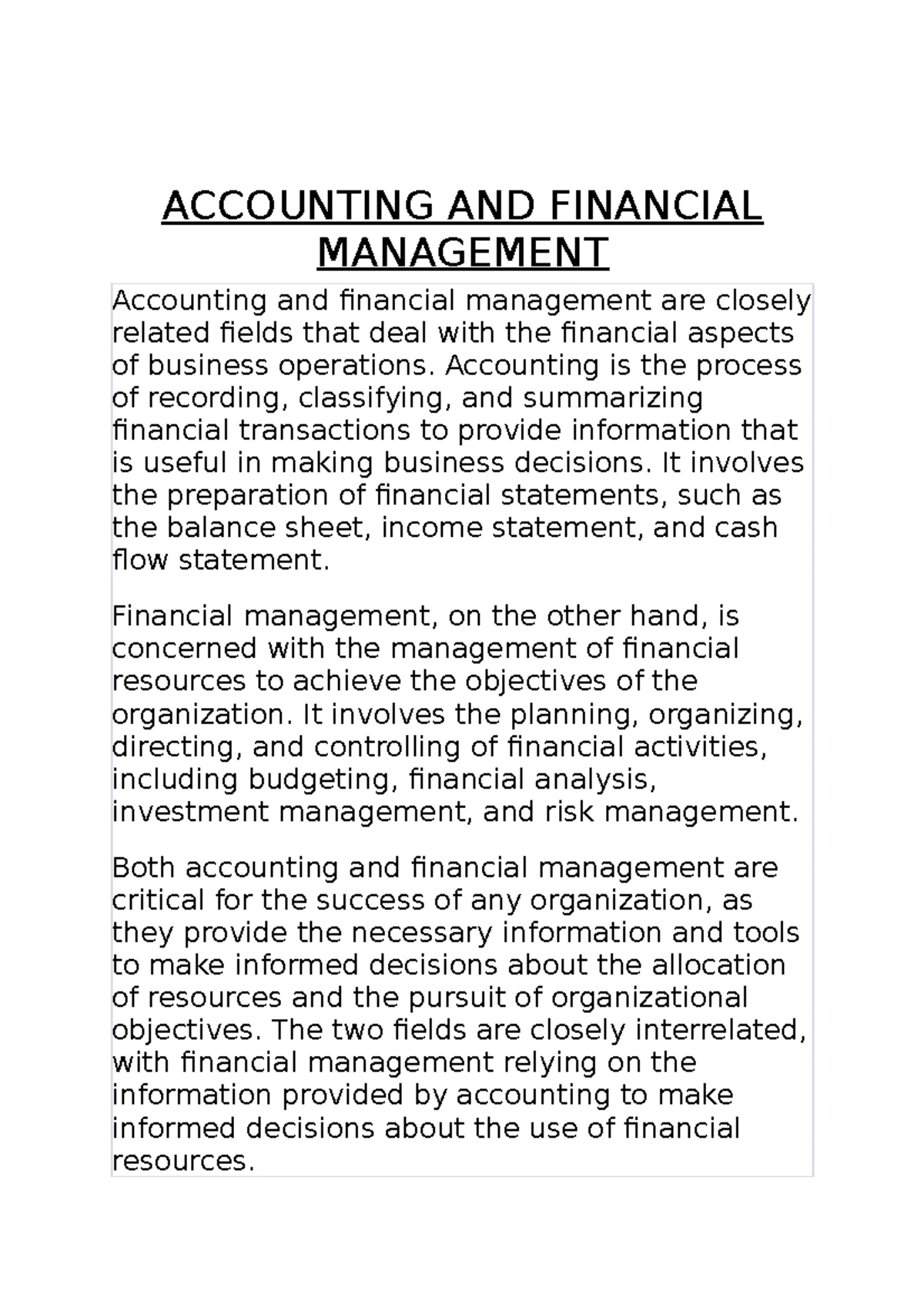 Accounting AND Financial Management - In conclusion, accounting and ...