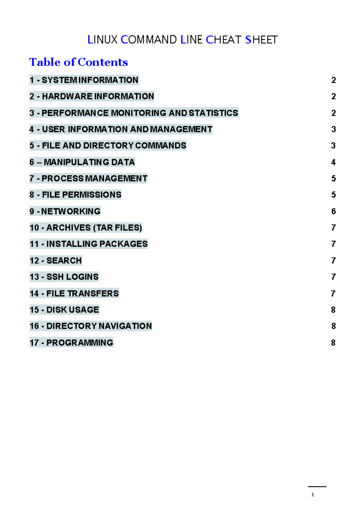 Linux Command Line Cheat Sheet 1 - LINUX COMMAND LINE CHEAT SHEET 1 ...