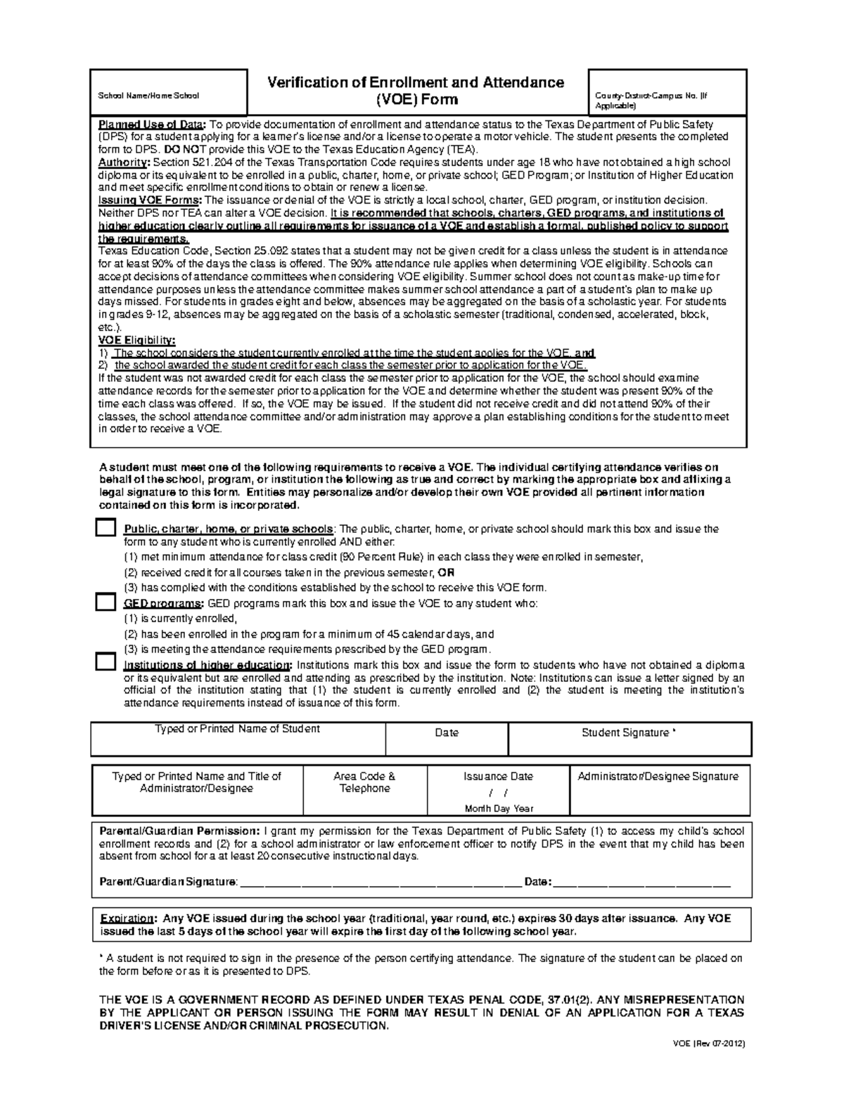 Voe (get this signed) - School Name/Home School Verification of ...