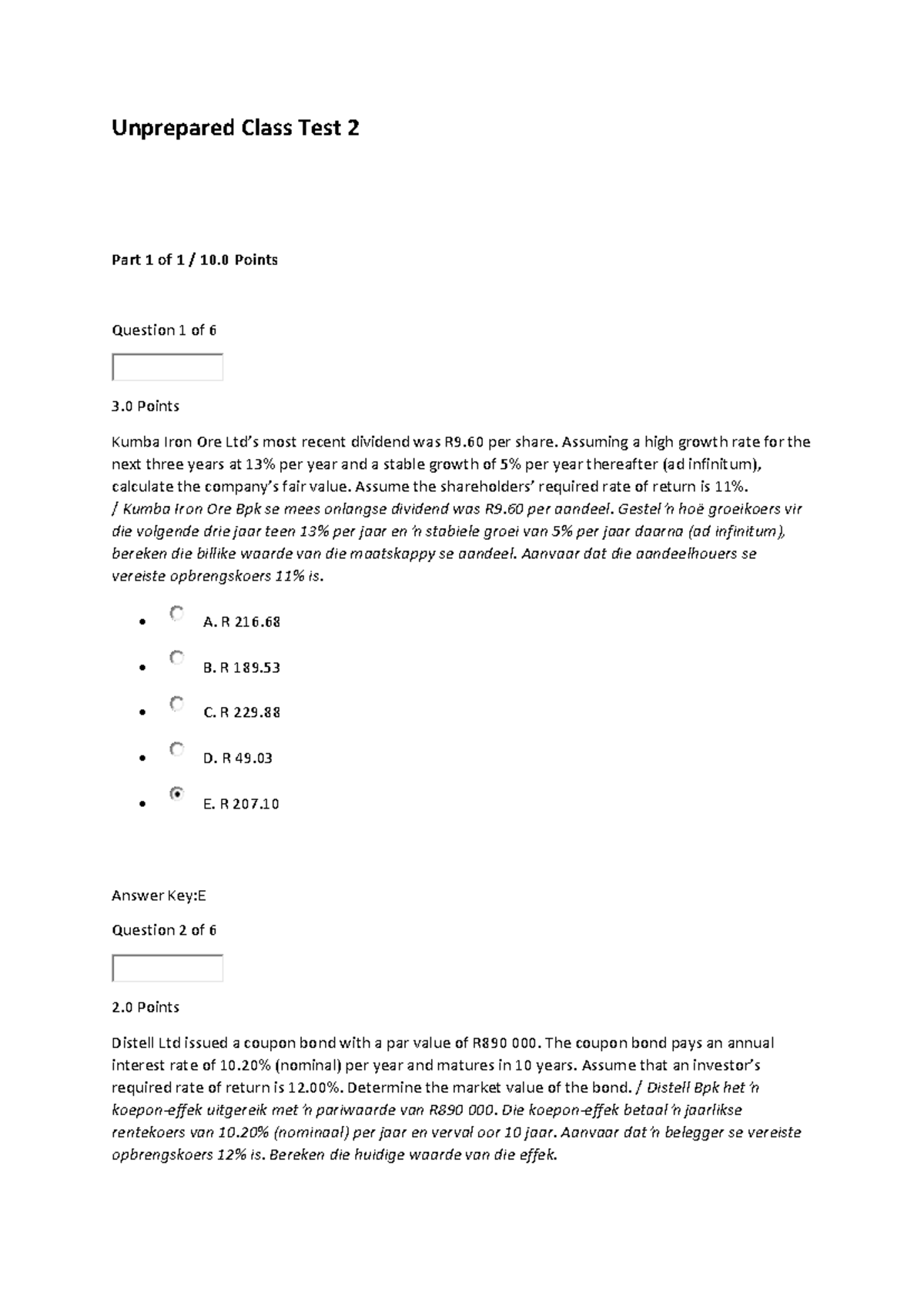 Unprepared Class Test 2 - Assuming a high growth rate for the next ...