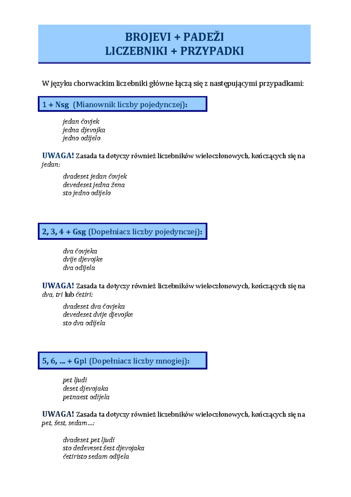 9.4 Gramatika Brojevi i padezi - BROJEVI + PADEŽI LICZEBNIKI ...