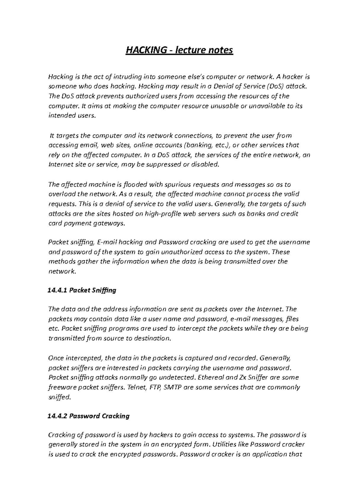 Hacking Lecture Notes Hacking Lecture Notes Hacking Is The Act Of Intruding Into Someone