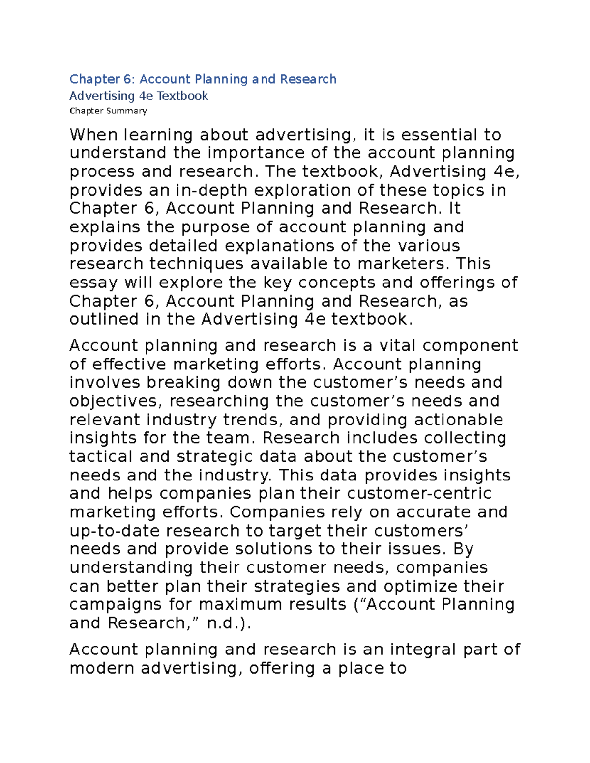 Account Planning and Research - Advertising 4e Chapter 6 Summary Notes ...