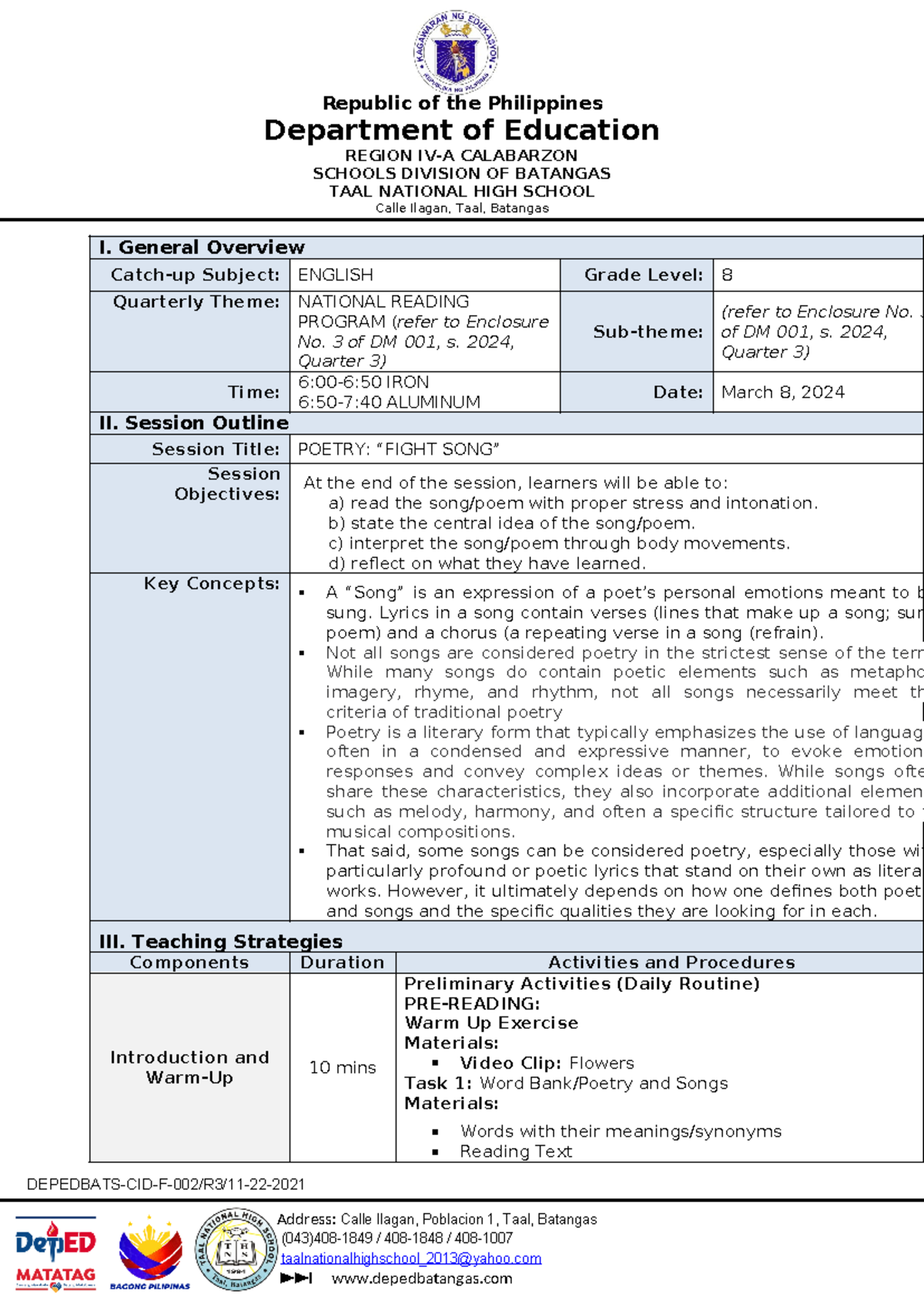 Poetry: Fight Song - Republic of the Philippines Department of ...