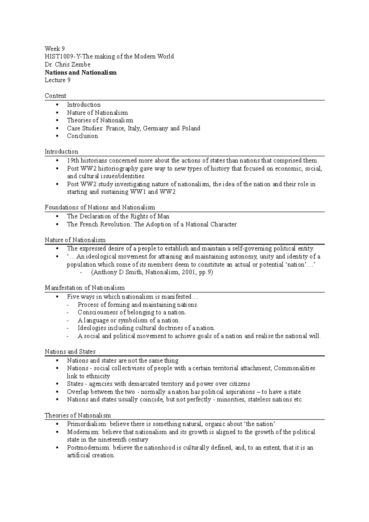Lecture 9 - Nations and Nationalism - Week 9 HIST1009-Y-The making of ...
