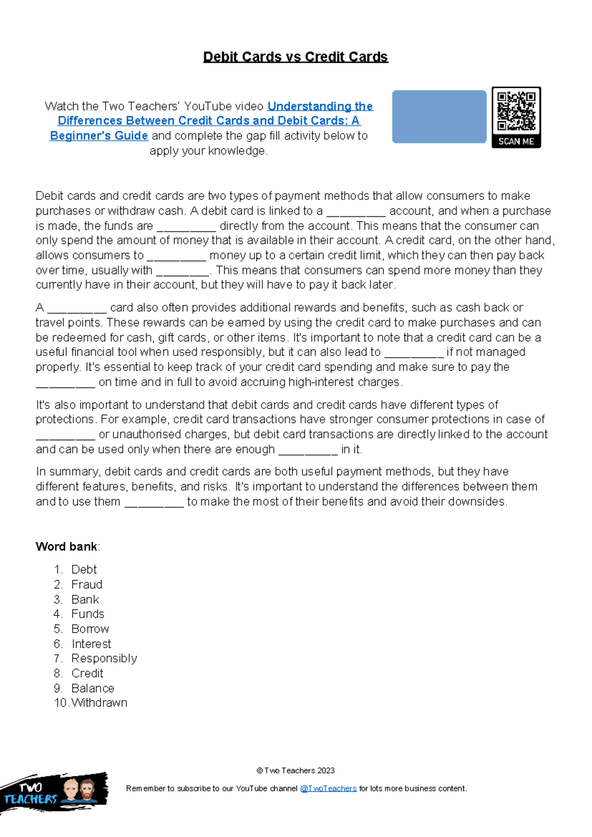 Debit Cards vs Credit Cards - Activity Worksheet - Debit Cards vs ...