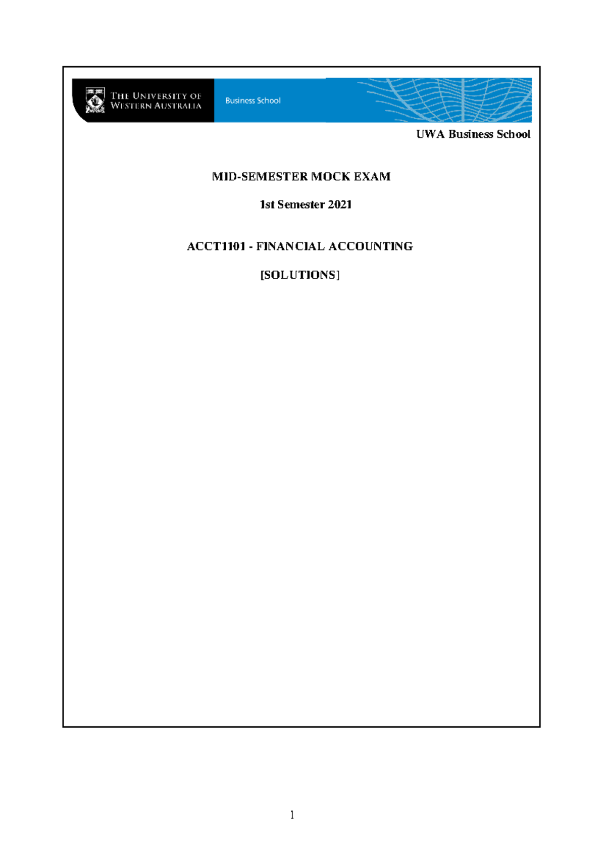 Financial Accounting Mid Semeter Exam Practice Solution - UWA Business ...