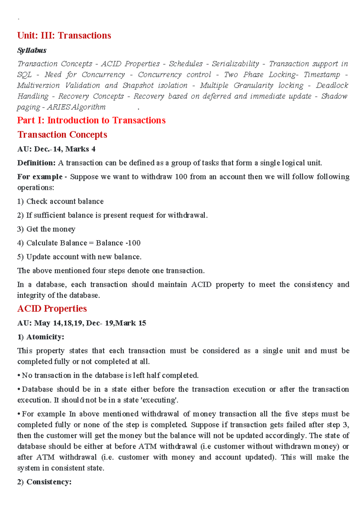 Unit3 - dbms notes - . Unit: III: Transactions Syllabus Transaction ...