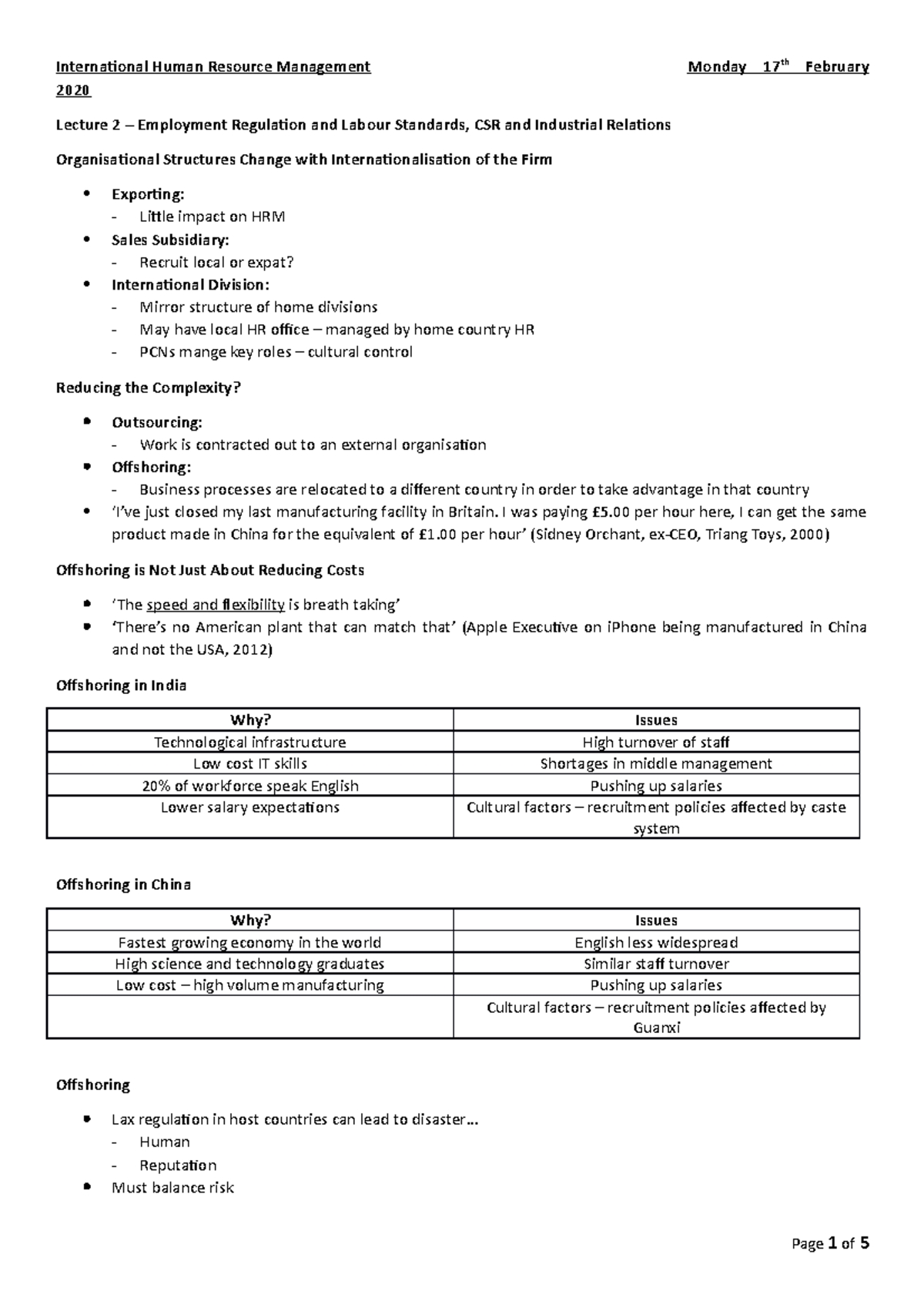 International Human Resource Management Lecture 2 Notes - International ...