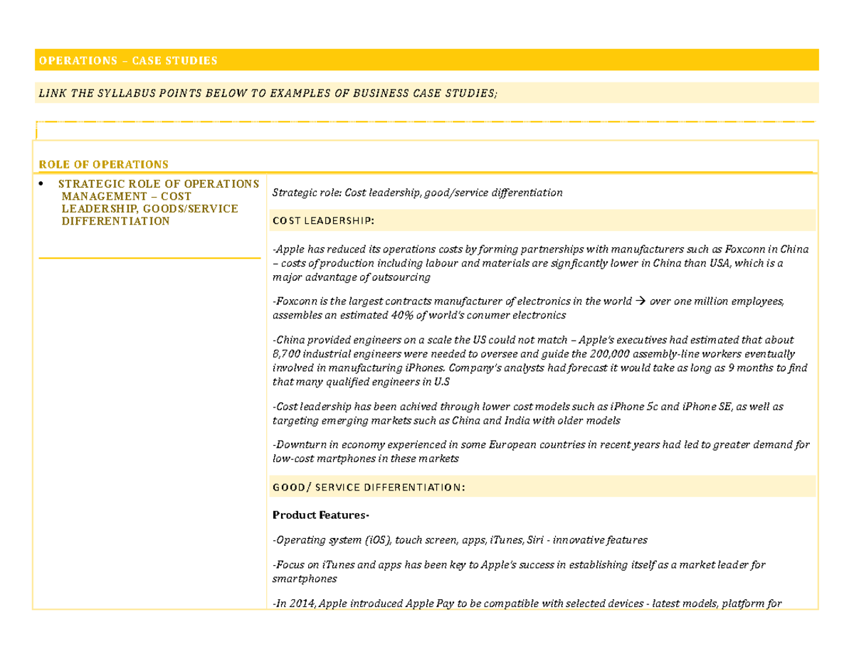 Operations Notes - OPERATIONS – CASE STUDIES LINK THE SYLLABUS P OINTS ...