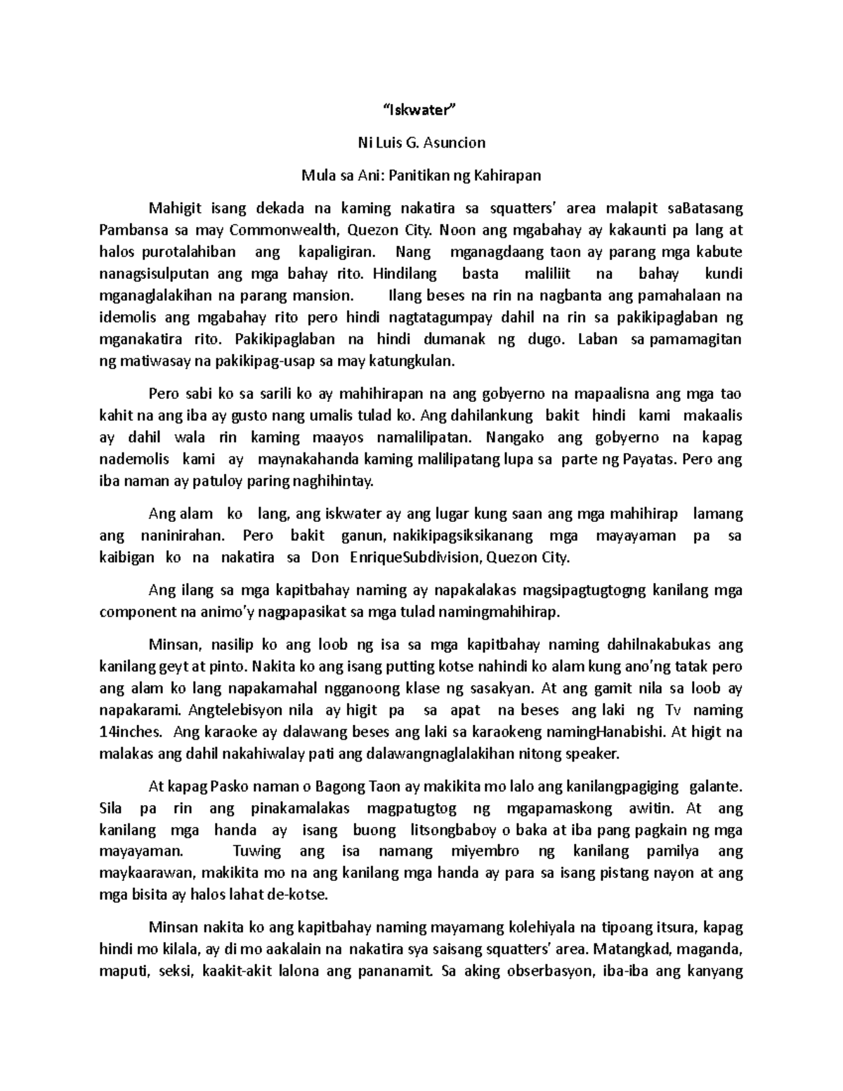 Iskwater Ni Luis G - Soslit Akda ni Luis G Asuncion - “Iskwater” Ni ...