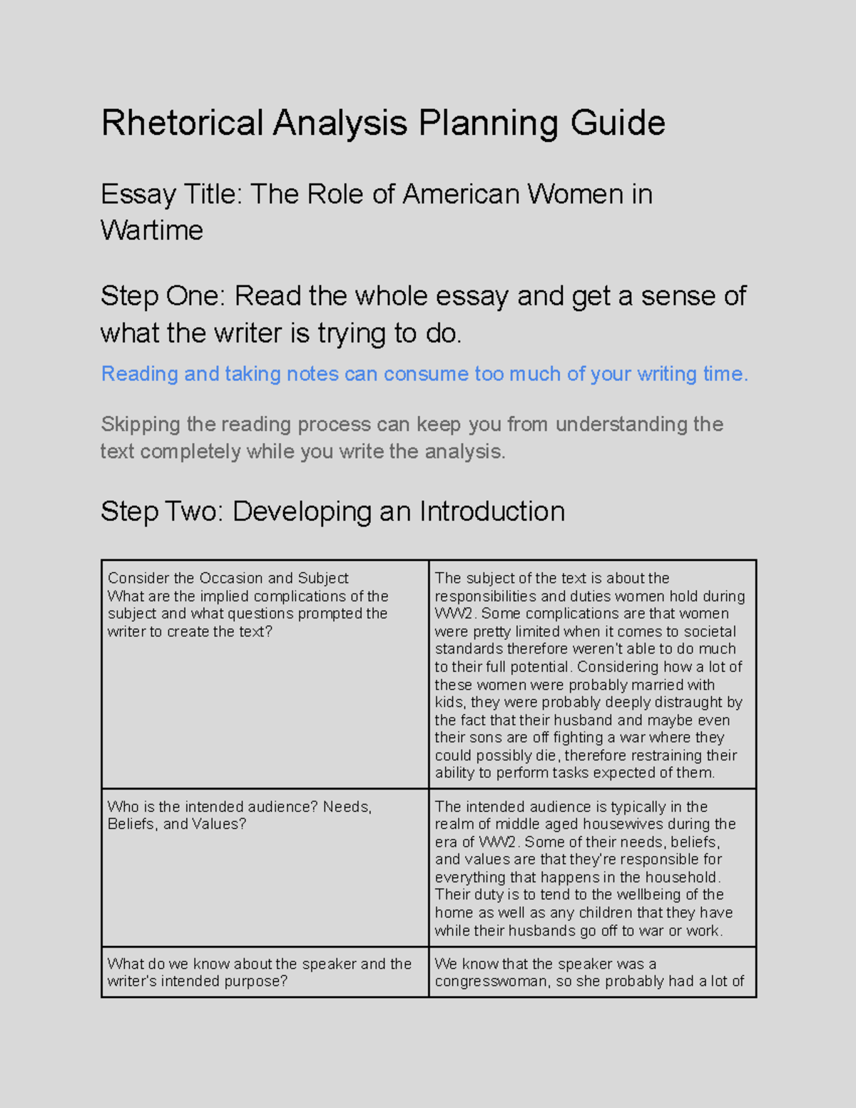 Rhetorical Analysis Planning Guide - Reading and taking notes can ...