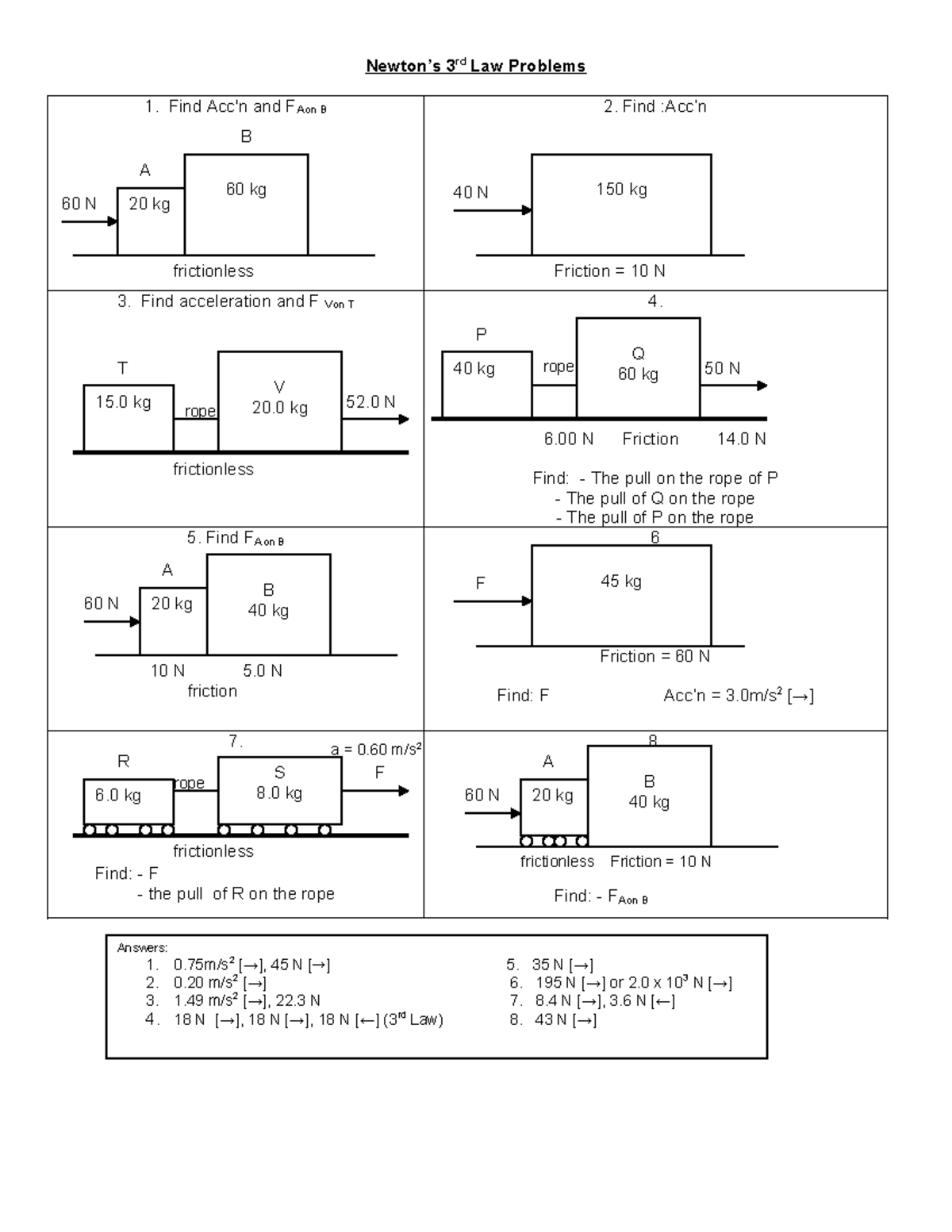 6 newtons 3rd law practice - Newton’s 3rd Law Problems 1. Find Acc'n ...