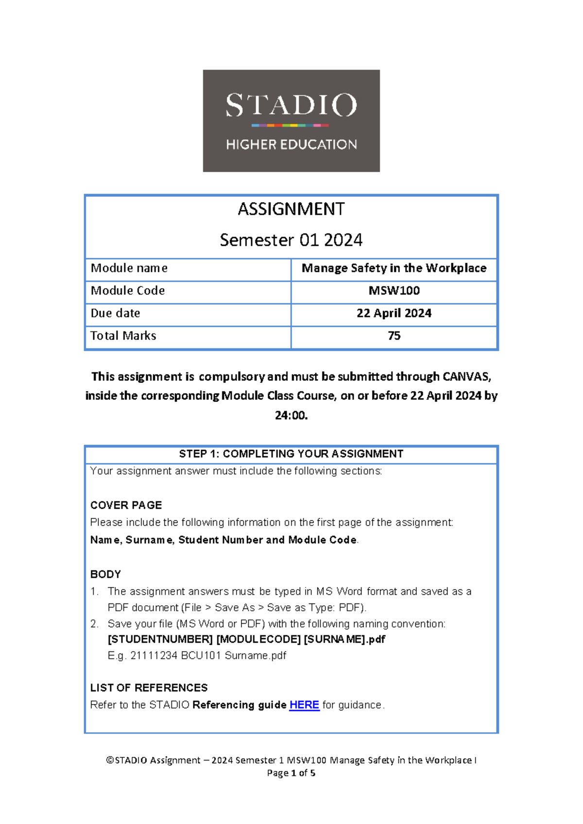 MSW100 2024 01 ASMT - assignment - ©STADIO Assignment – 2024 Semester 1 ...