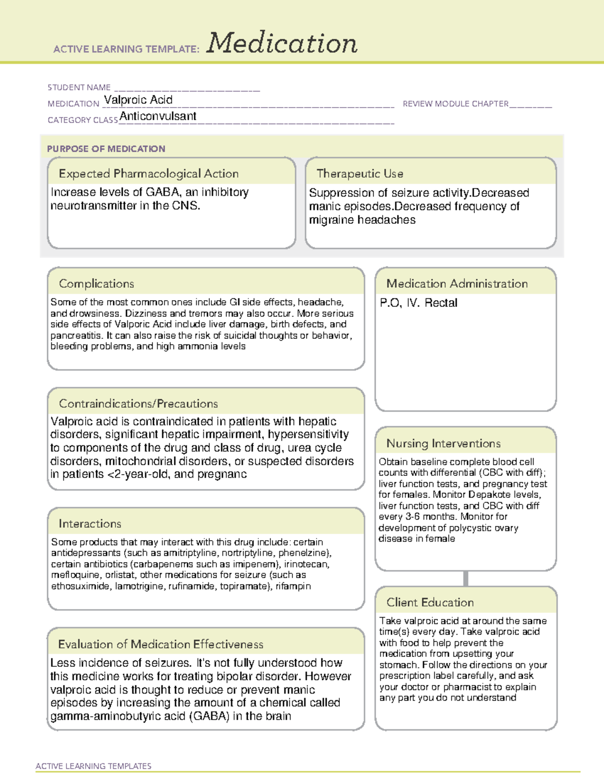 Valproic Acid med card - med - ACTIVE LEARNING TEMPLATES Medication ...