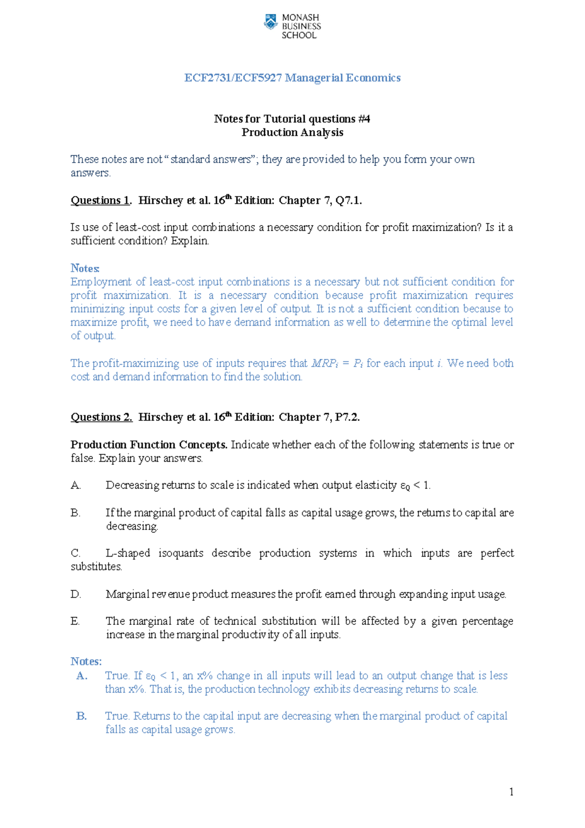 24 Notes for Tutorial questions #4 Production analysis - ECF2731 ...