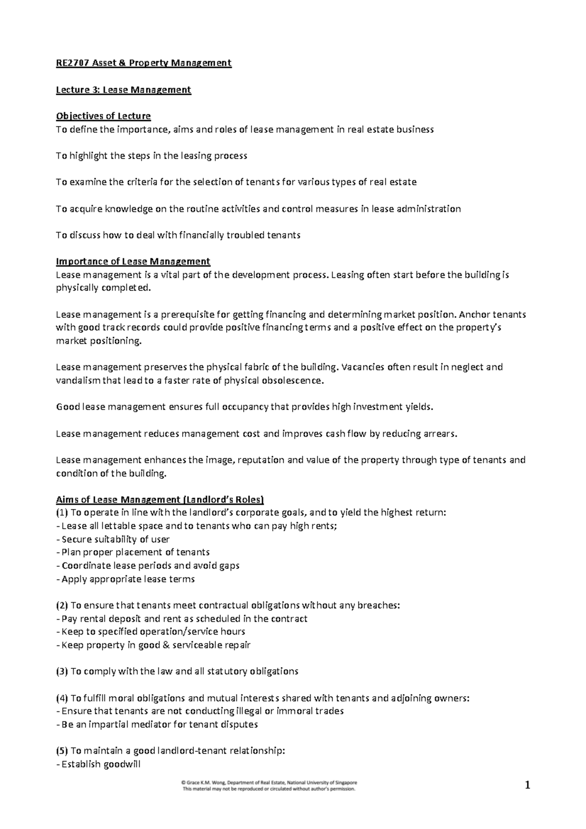 RE2707 Lecture 3 Notes - RE2707 Asset & Property Management Lecture 3 ...