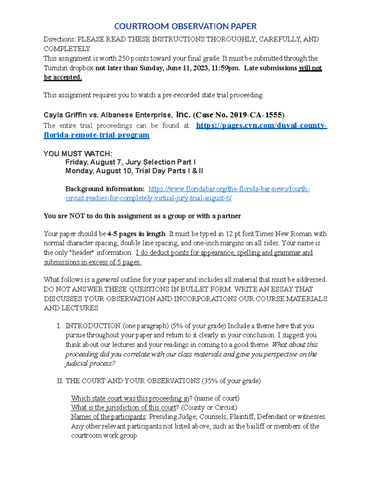 Instructions for Courtroom Observation Paper S23 - COURTROOM ...