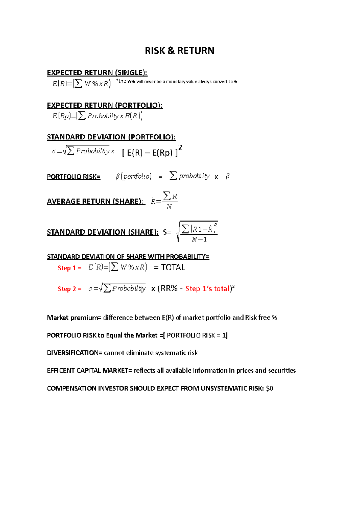 Finance 2019 - Risk & Return Formulas - RISK & RETURN ####### EXPECTED ...