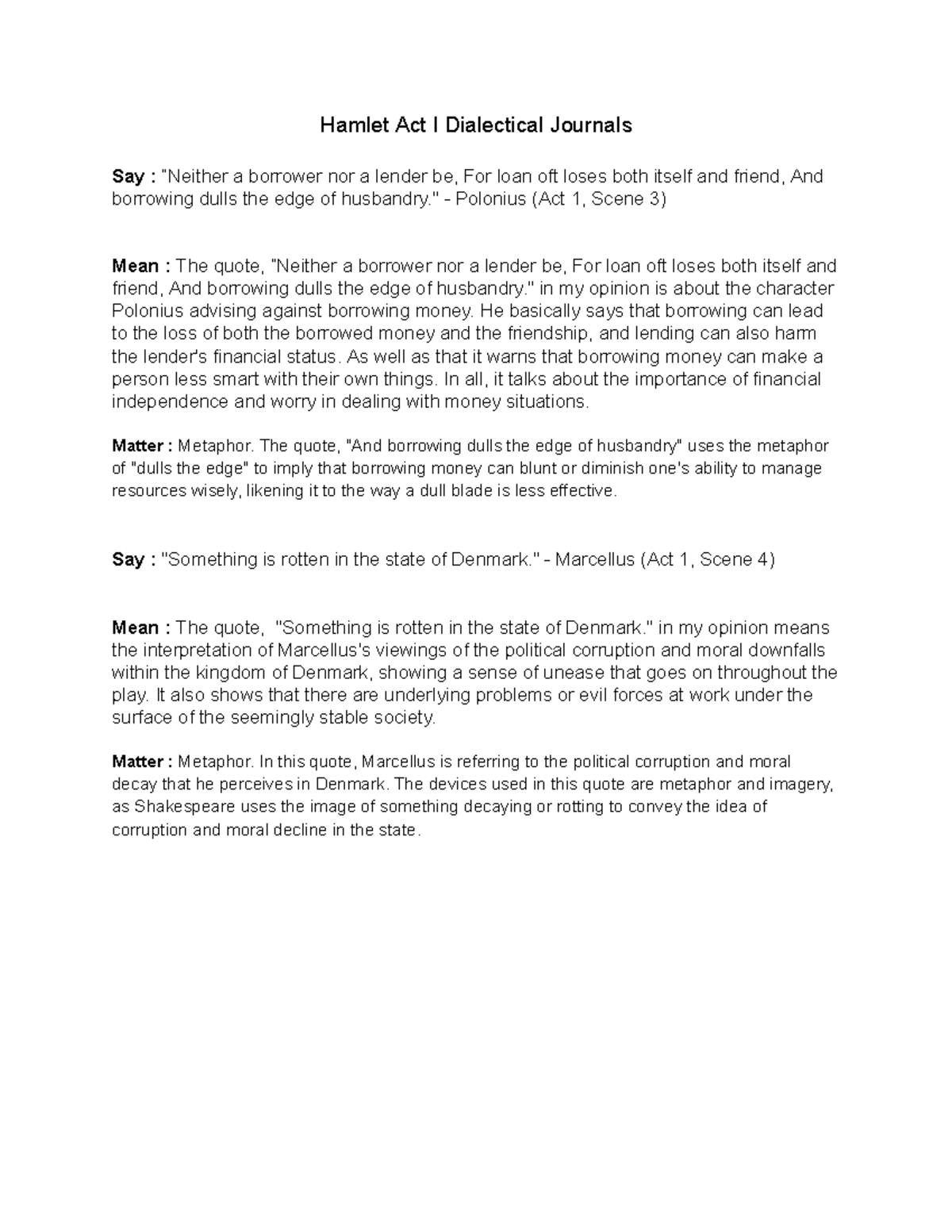 Hamlet Act I Dialectical Journals - " - Polonius (Act 1, Scene 3) Mean ...