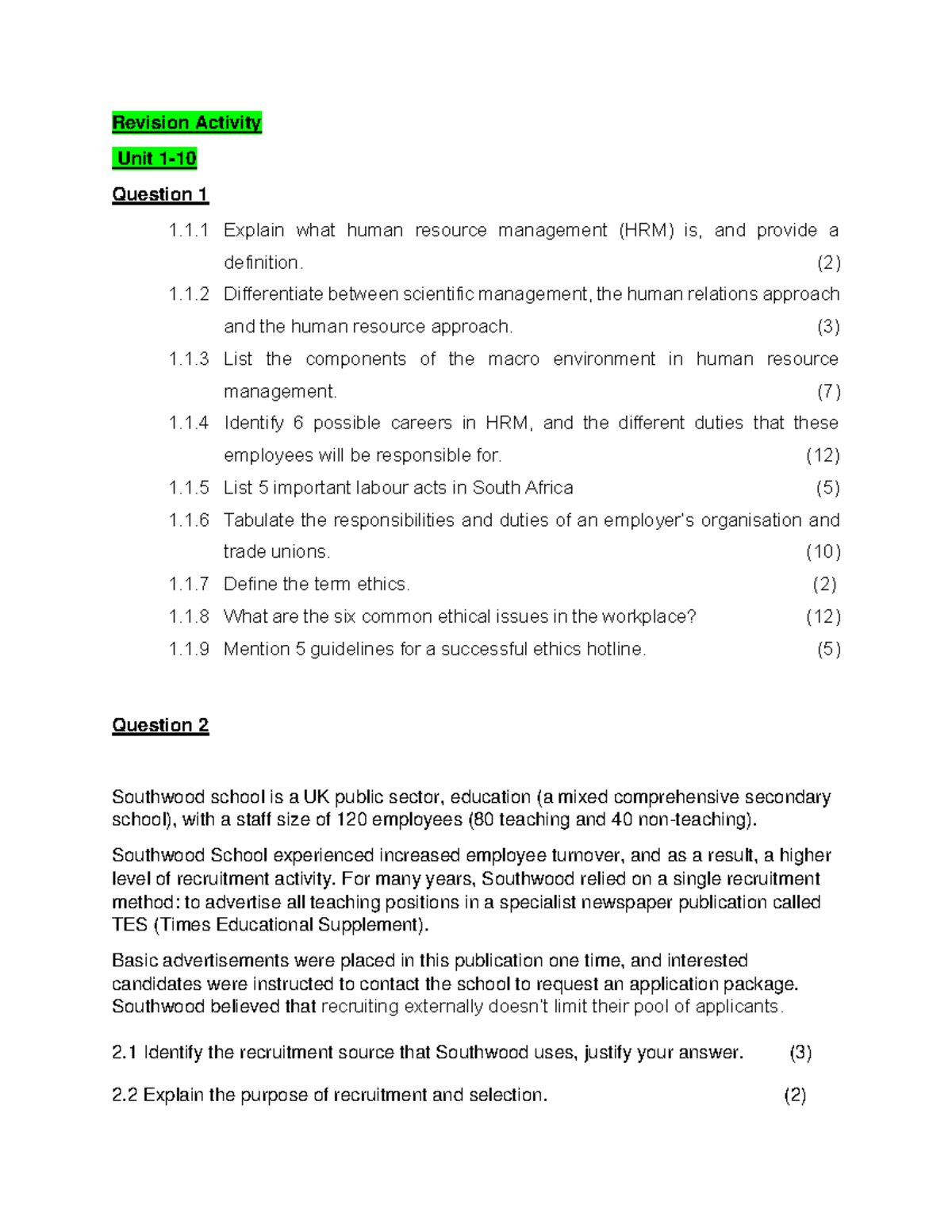 Semester test 3 activity - Revision Activity Unit 1- 10 Question 1 1.1 ...