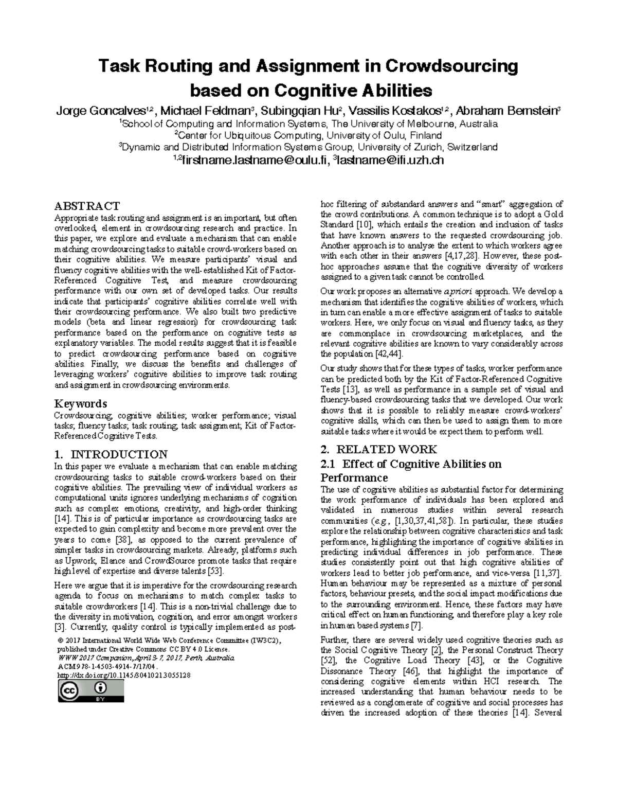 Www17 - Hi all - Task Routing and Assignment in Crowdsourcing based on Cognitive Abilities Jorge ...