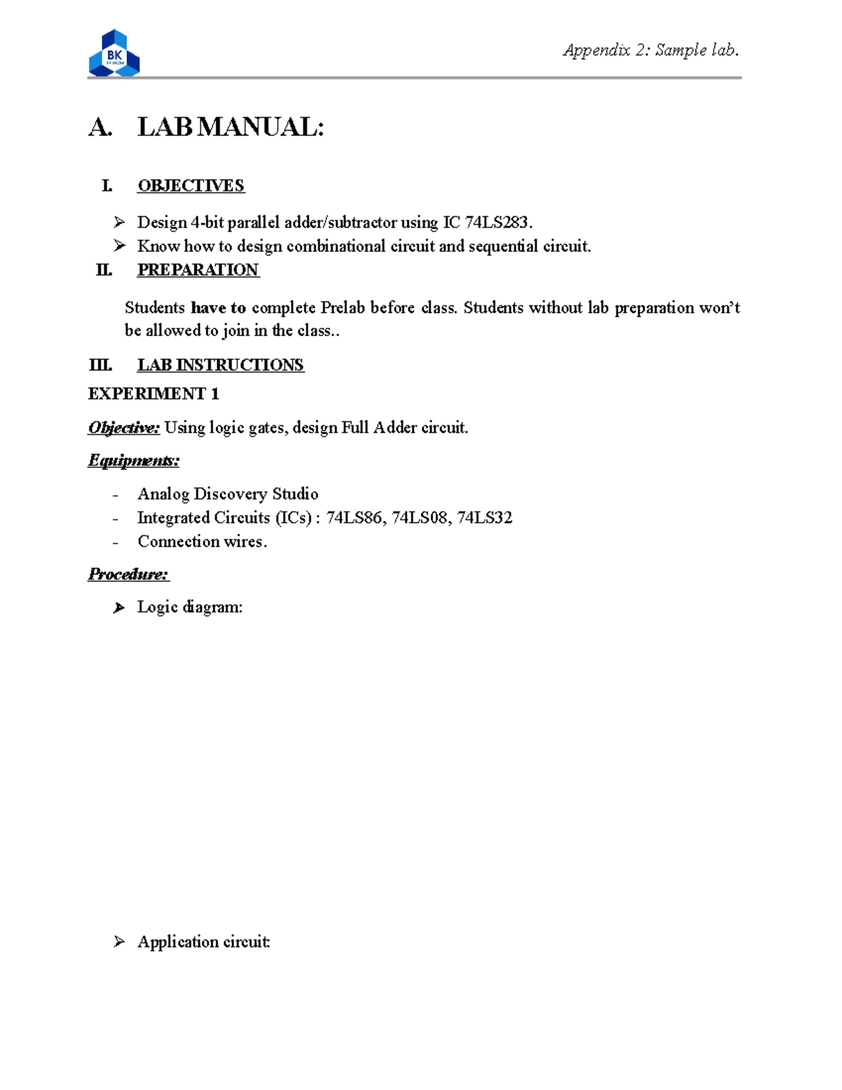 Lab3-manual-blank - just for demonstration - A. LAB MANUAL: I. OBJECTIVES Design 4-bit parallel ...