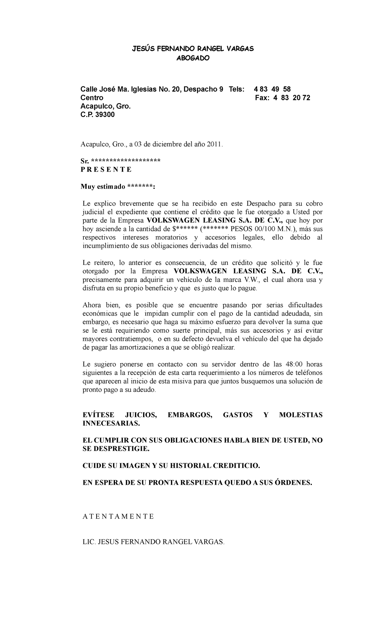 Carta Requerimiento A Deudor DE Volkswagen - JESÚS FERNANDO RANGEL ...