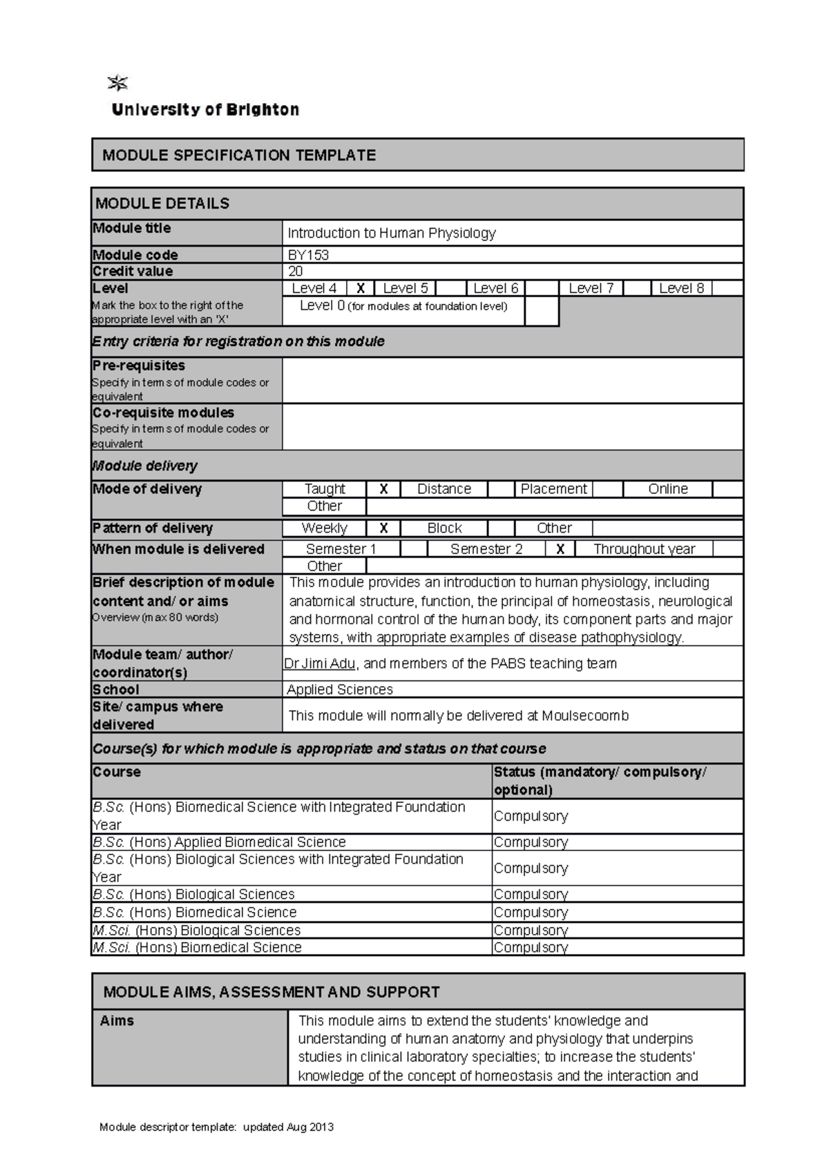 BY153 - notes - MODULE SPECIFICATION TEMPLATE MODULE DETAILS Module ...