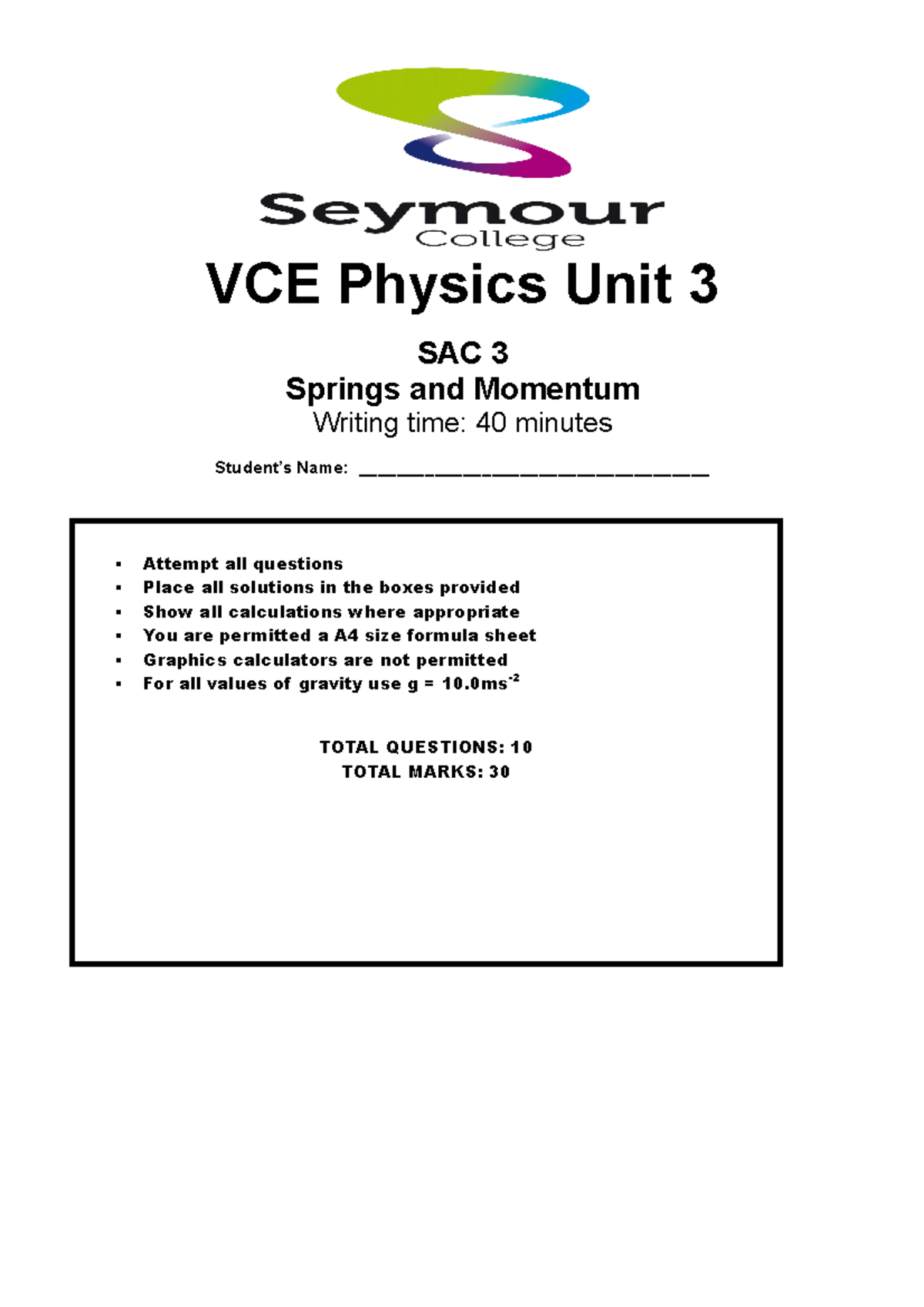 Motion #3 version 1 - VCE Physics Unit 3 SAC 3 Springs and Momentum ...