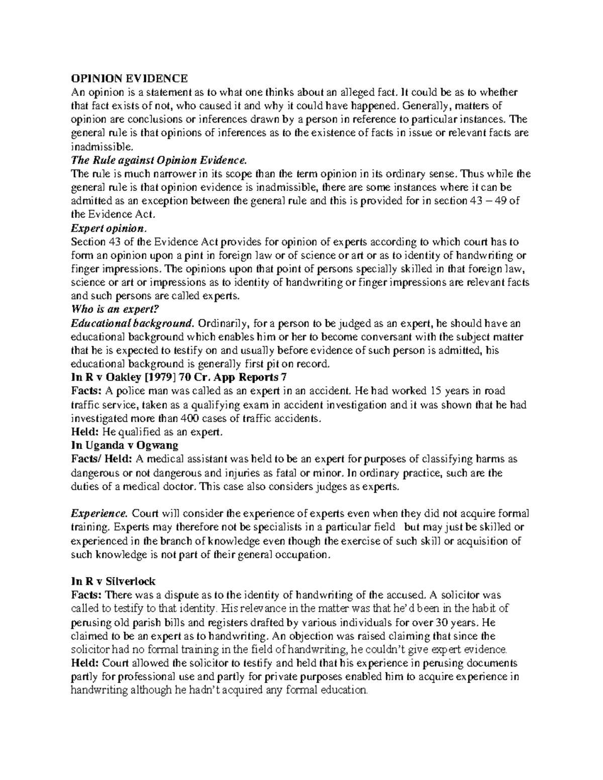 Opinion Evidence - Give law students the basis - OPINION EVIDENCE An ...