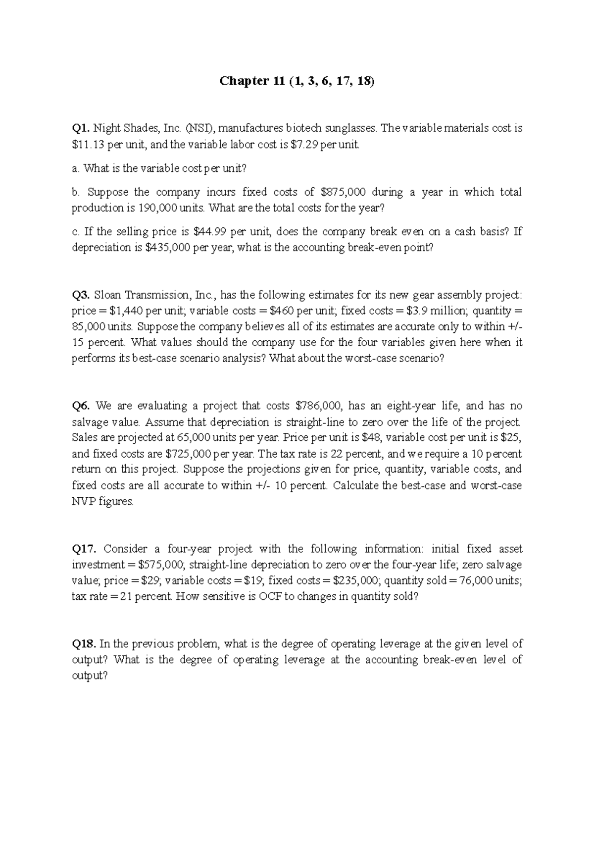 Week5 Tutorial 4 Chap 11Q - Chapter 11 (1, 3, 6, 17, 18) Q1. Night ...