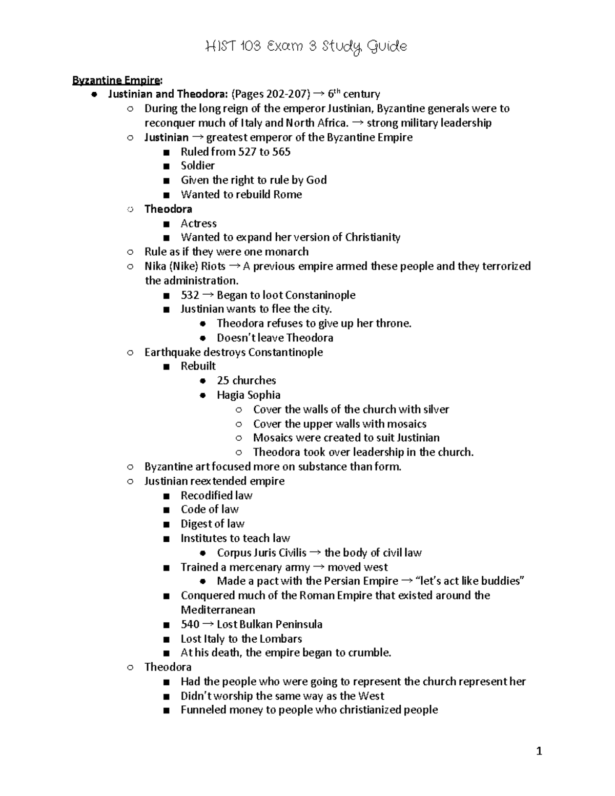 HIST 103 Exam 3 Study Guide - Byzantine Empire : Justinian and Theodora ...
