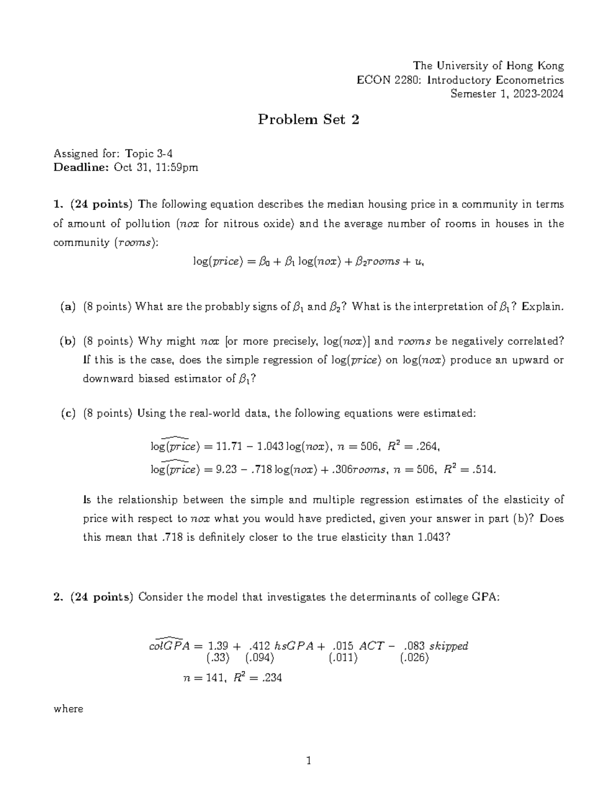 Assignment 2 - Problem Set 2 - The University of Hong Kong ECON 2280 ...