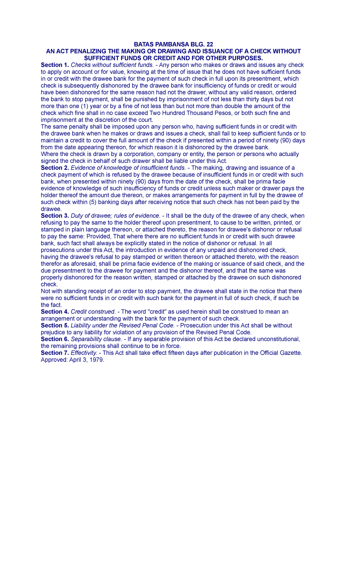 BP 22 - Special Laws - BATAS PAMBANSA BLG. 22 AN ACT PENALIZING THE ...