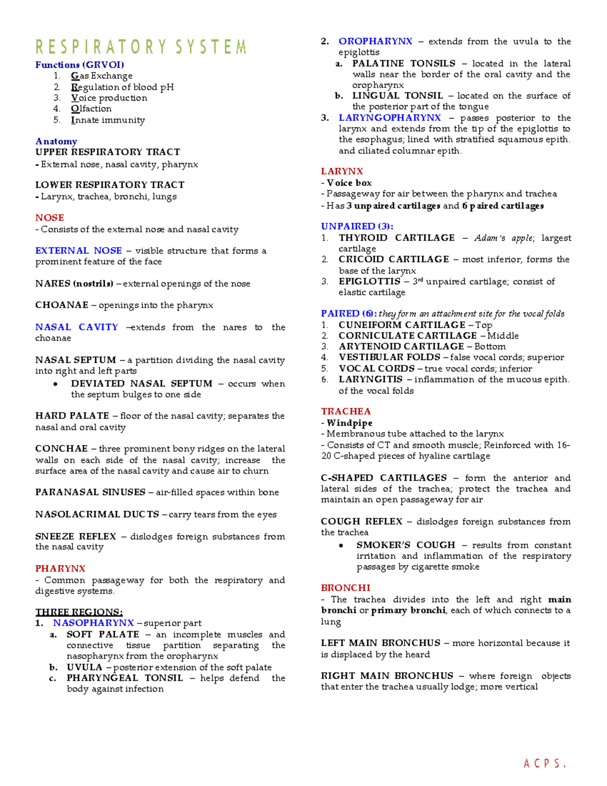 Respiratory System - Nursing Note - R E S P I R A T O R Y S Y S T E M ...