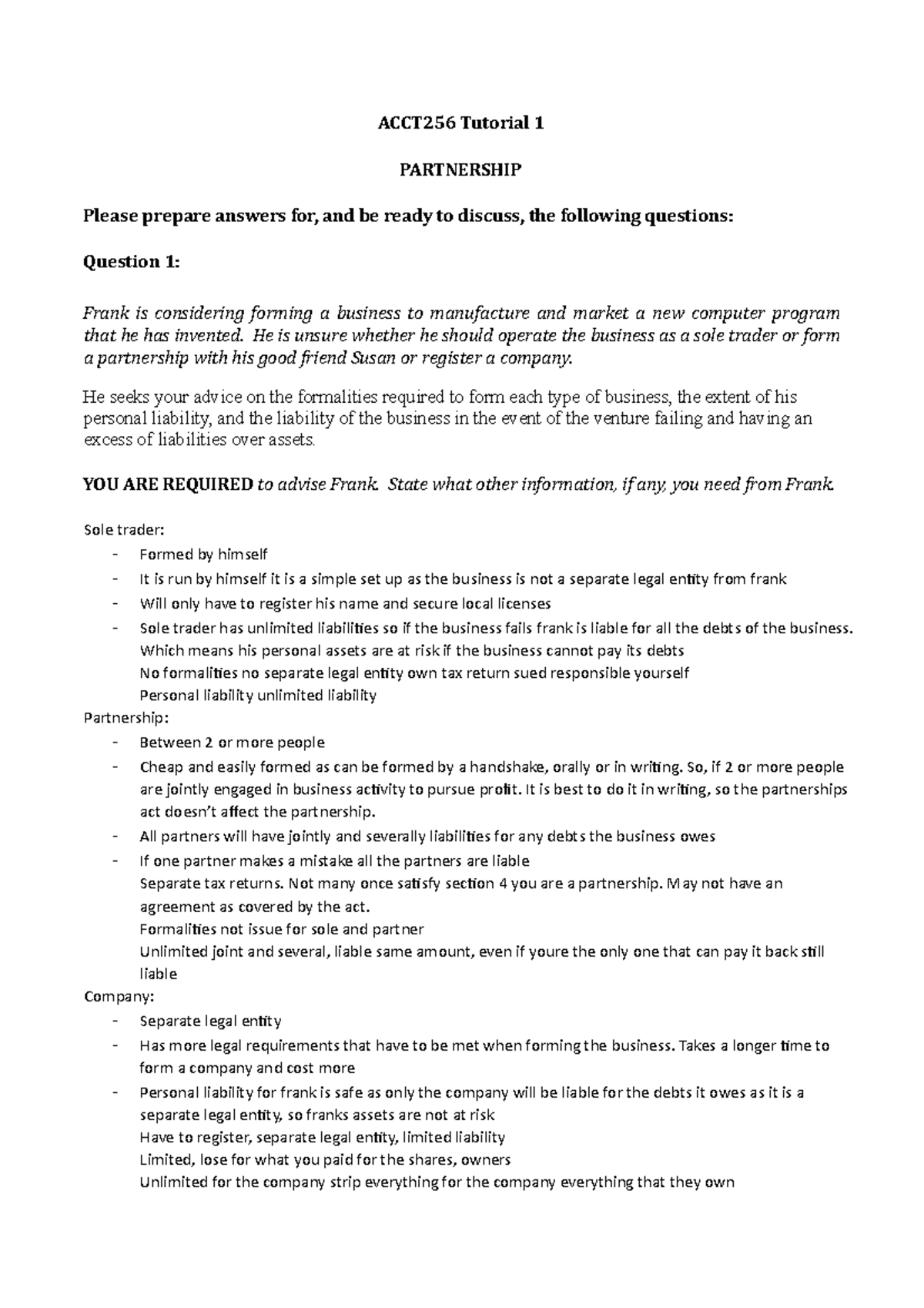 Tutorial 1 Intro and General Partnerships - ACCT256 Tutorial 1 ...