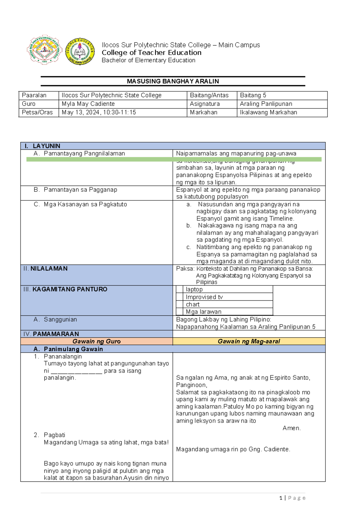 2 Template of Lesson Plan - Ilocos Sur Polytechnic State College – Main Campus College of ...