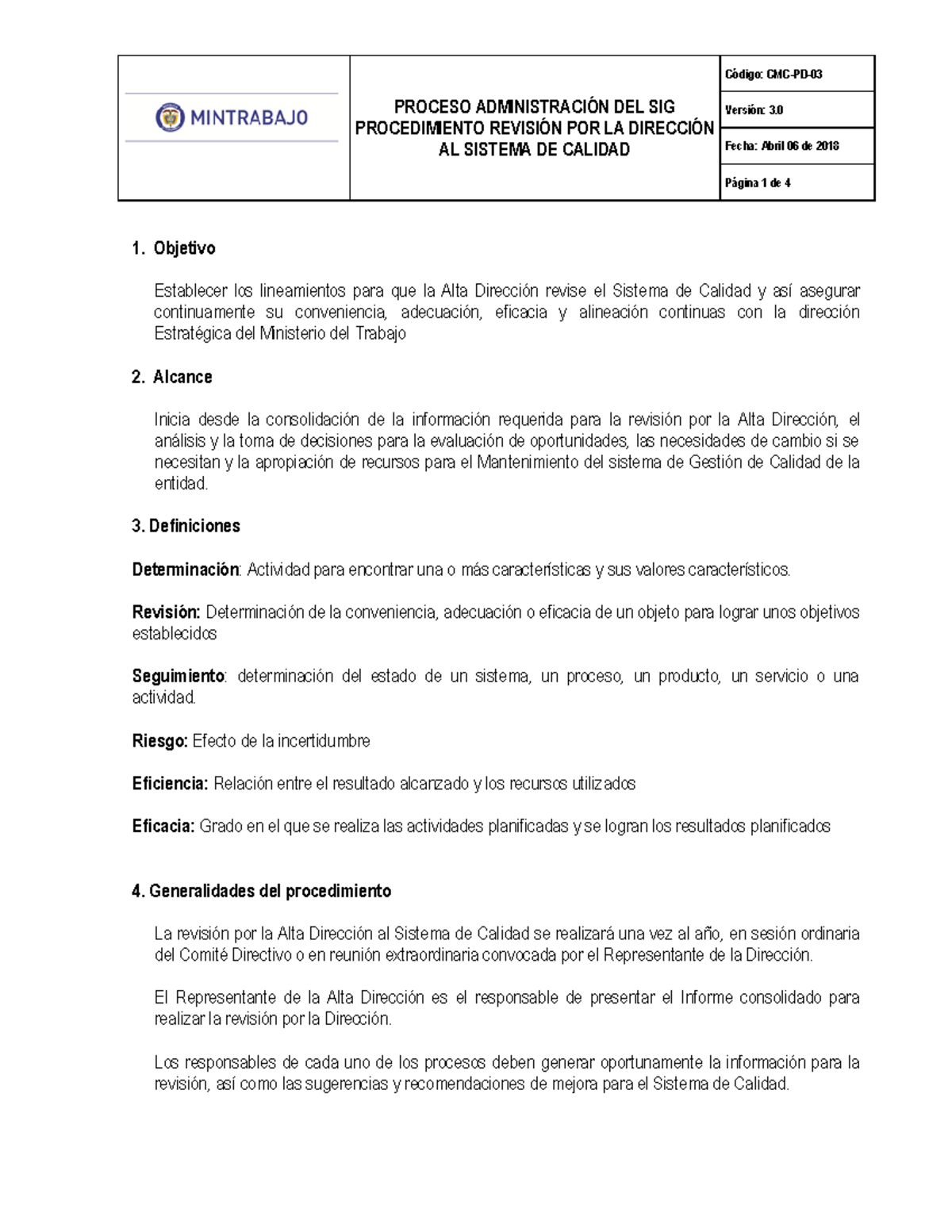 Procedimiento Revision por la Direccion al SIG - PROCESO ADMINISTRACIÓN ...