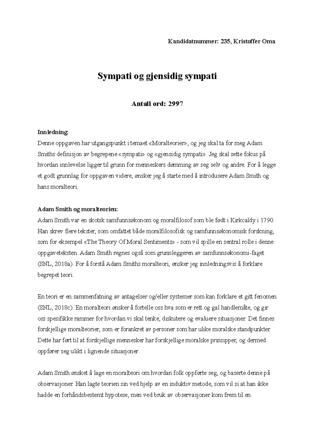 Oppgave i ECON150 "Sympati, Gjensidig sympati" - Kandidatnummer: 235, Kristoffer Oma Sympati og ...