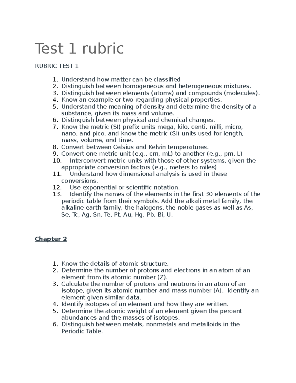 General Chemistry (CHM2045) Exam 1 rubric (Chapter 1 and Chapter 2 ...