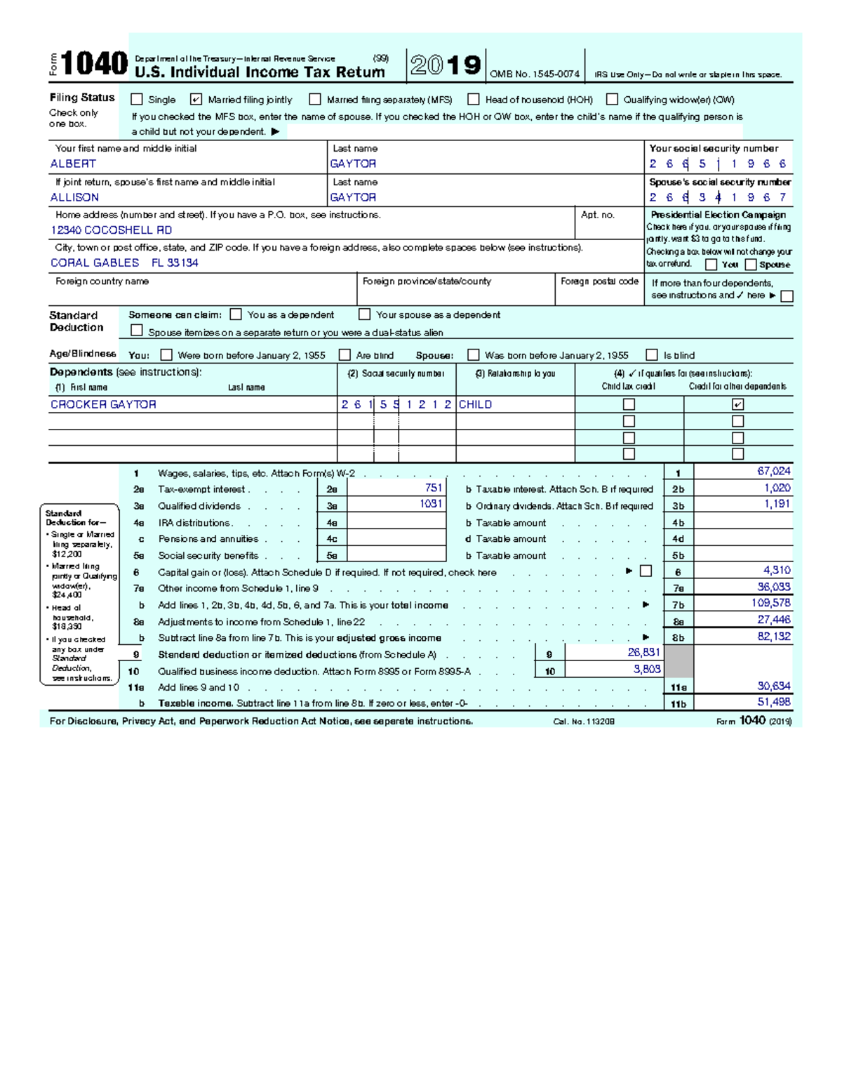 2019 Form 1040 CH 6 - tax documents - Form 1040 Department of the ...