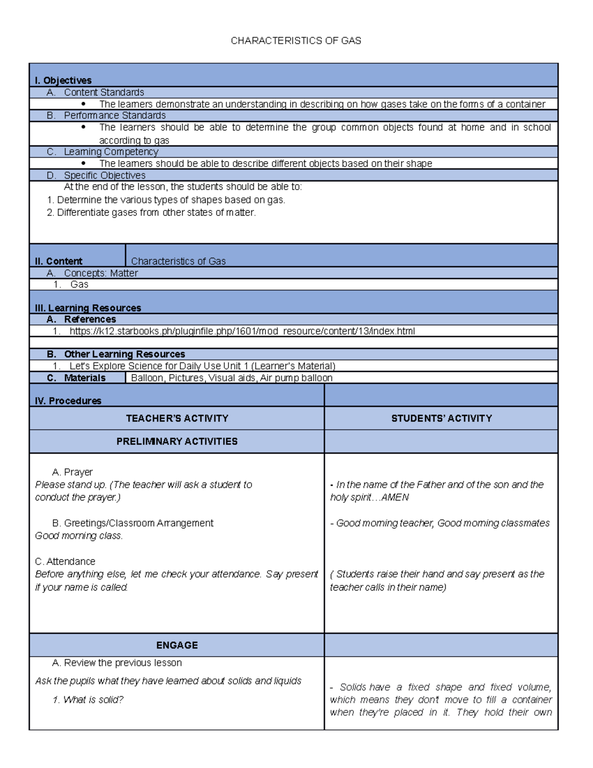 5Es Lesson Plan Gas 2 - heyyooo - CHARACTERISTICS OF GAS I. Objectives ...
