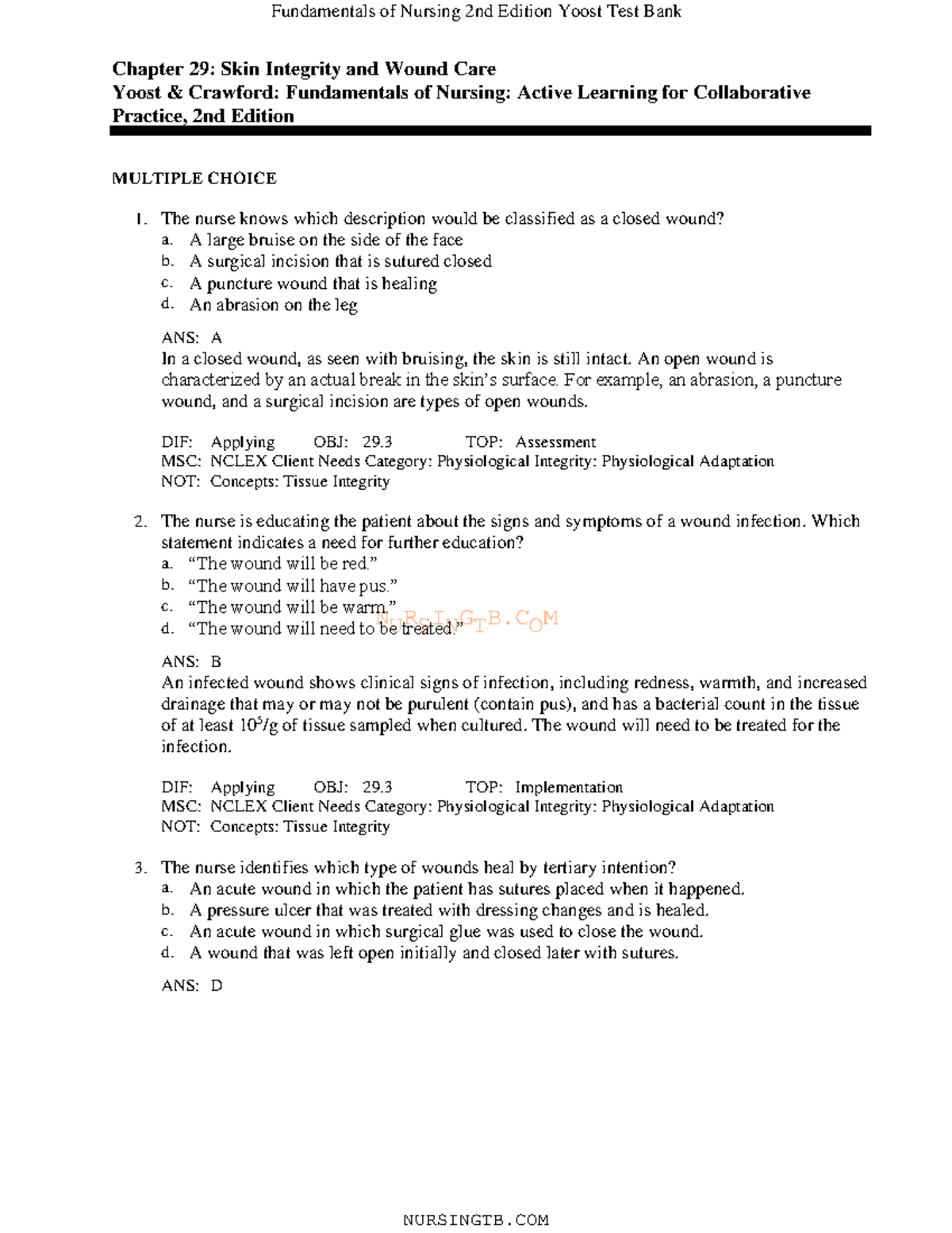 29 - test - NURSINGTB Chapter 29: Skin Integrity and Wound Care Yoost ...
