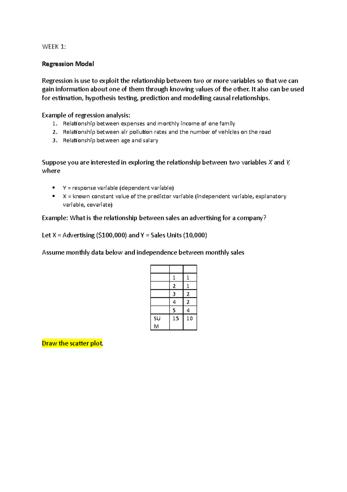 Week1 Regression - W1 notes - WEEK 1: Regression Model Regression is ...