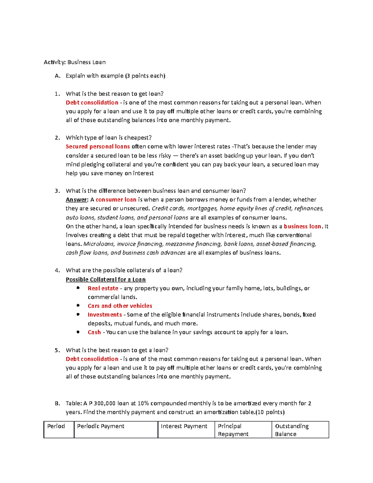Business Loan Activity - Activity: Business Loan A. Explain with ...