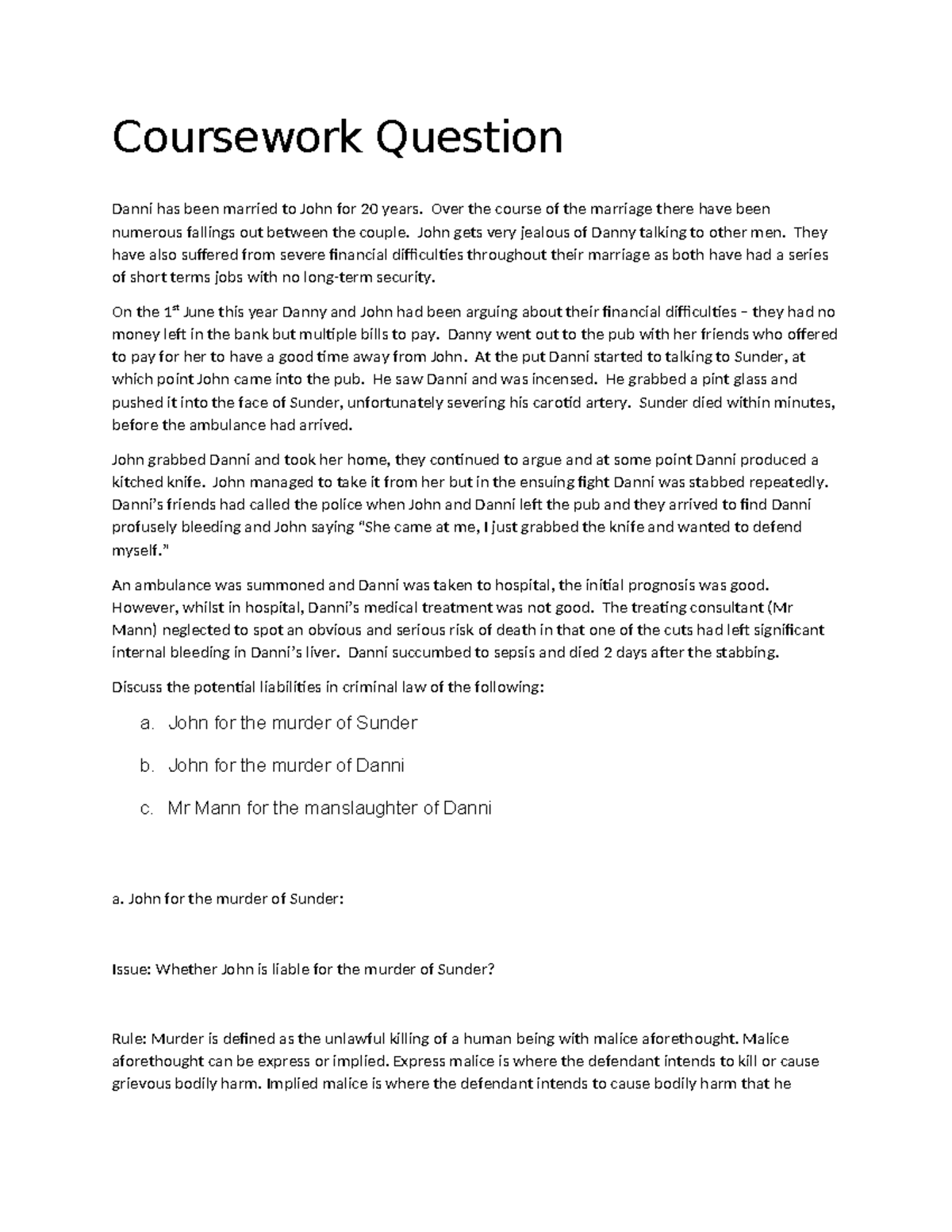 Course work+ Question Criminal Law - Coursework Question Danni has been married to John for 20 ...
